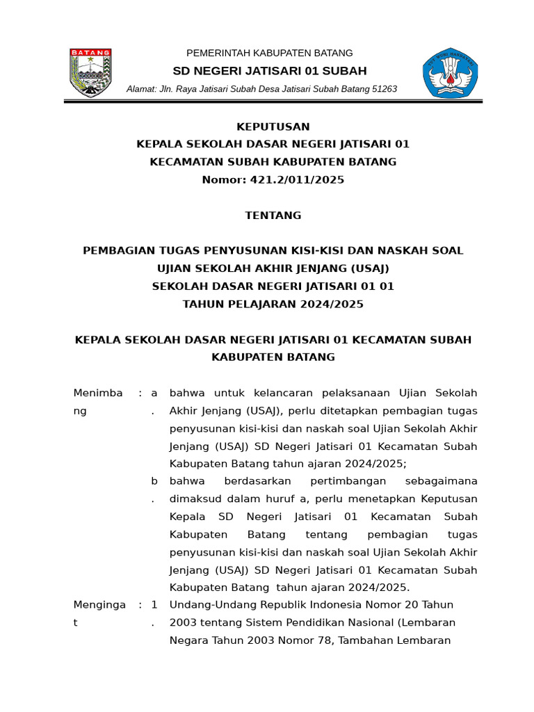 SK Pembagian Tugas Penyusunan Kisi-Kisi Dan Soal Usaj | PDF