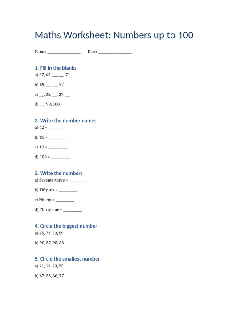 Numbers Upto 100 Worksheet Updated | PDF