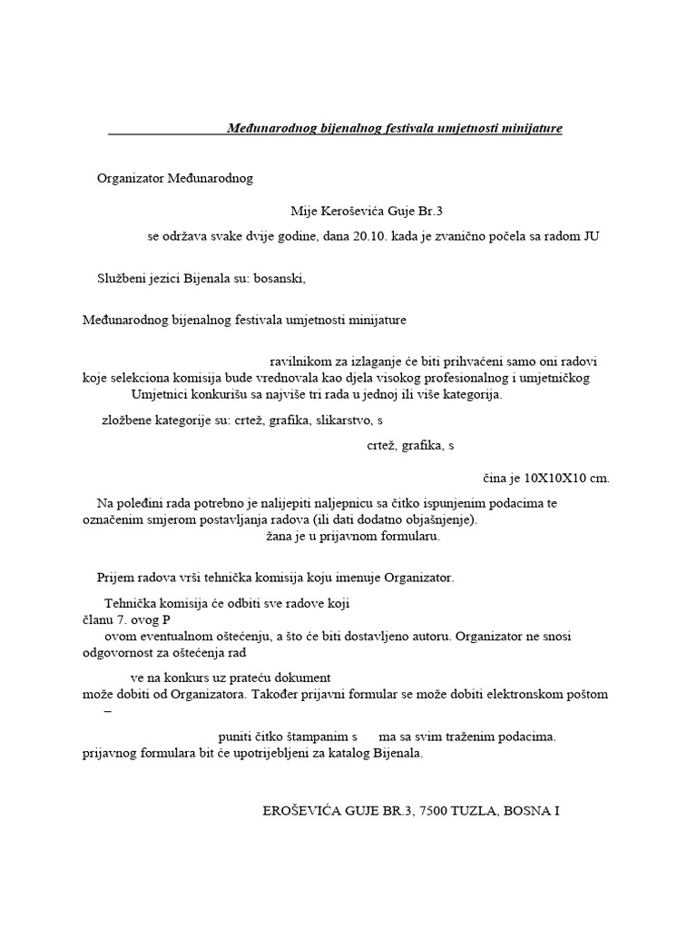 Pravilnik o Radu 12. Medjunarodnog Bijenalnog Festivala Umjetnosti Minijature | PDF