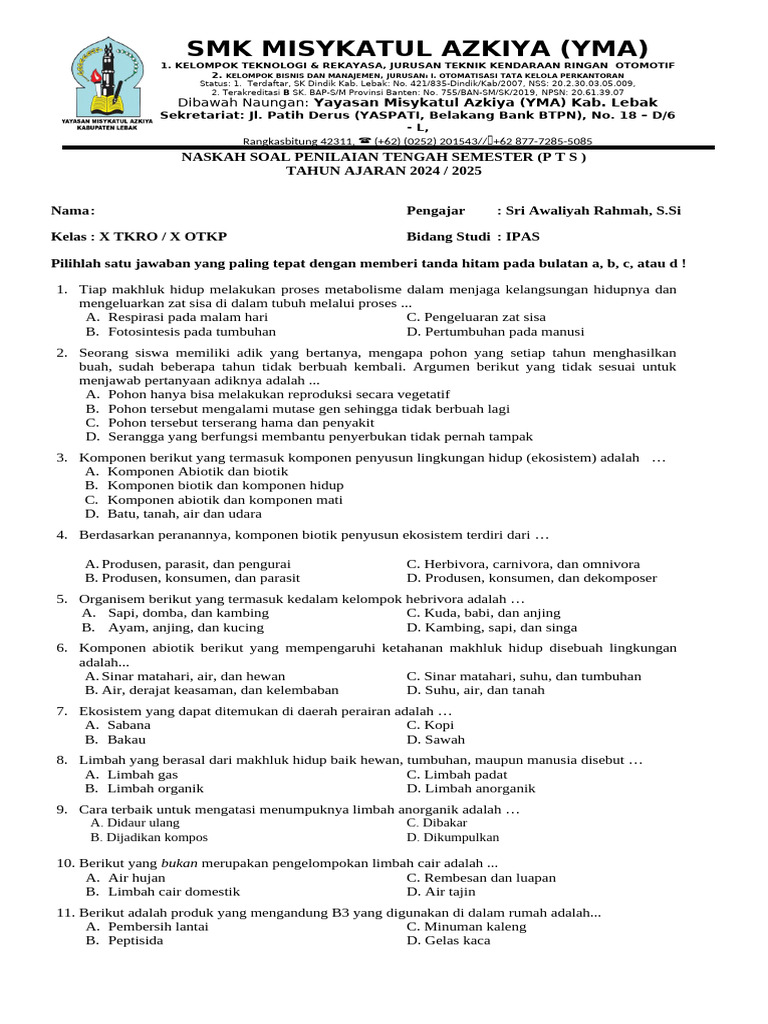 Soal PTS Ipas X Ganjil 2024-2025 | PDF