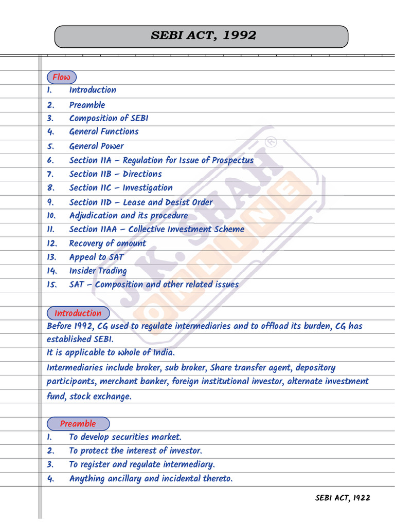 Notes SEBI Act, 1992 Revision | PDF | Securities (Finance) | U.S ...