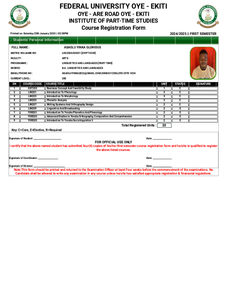 Course Registration Form - Asaolu Yinka Glorious - FIRST Semester 2024 - 2025 | PDF ...