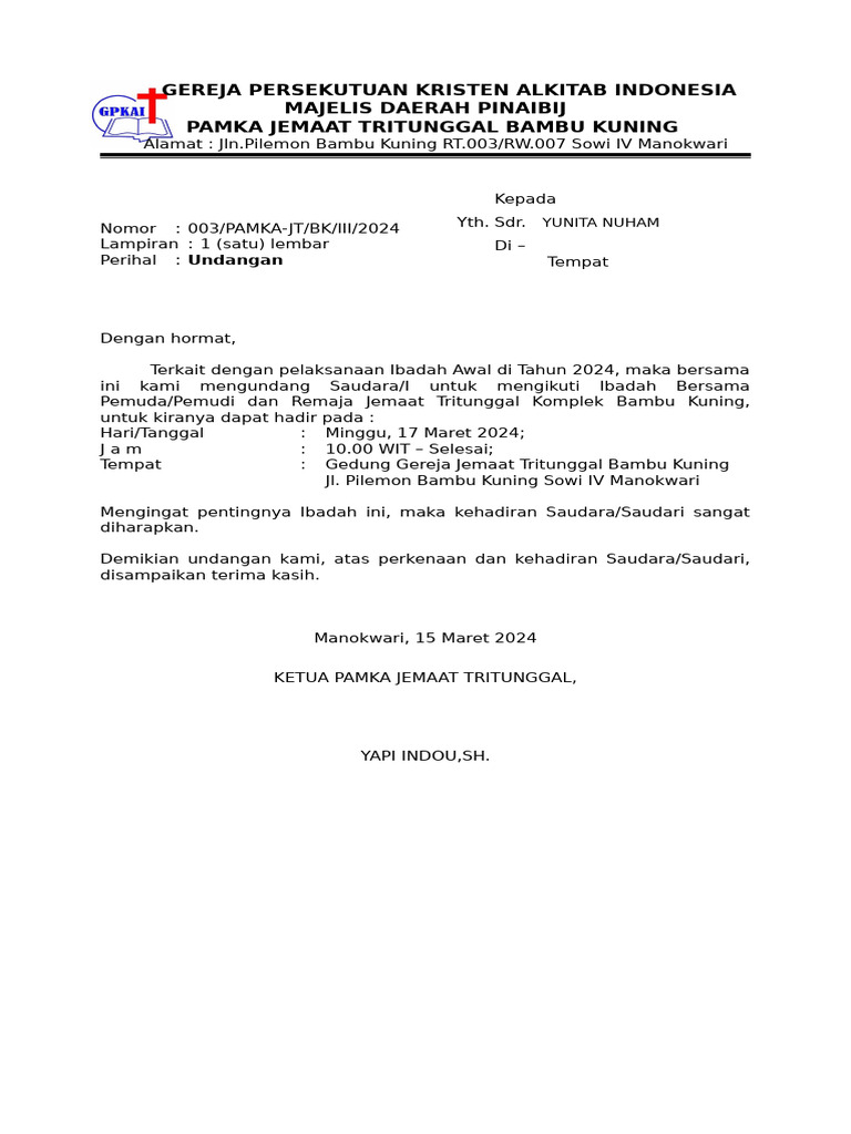 Undangan Ibadah Minggu 17 Maret 2024 Roba | PDF