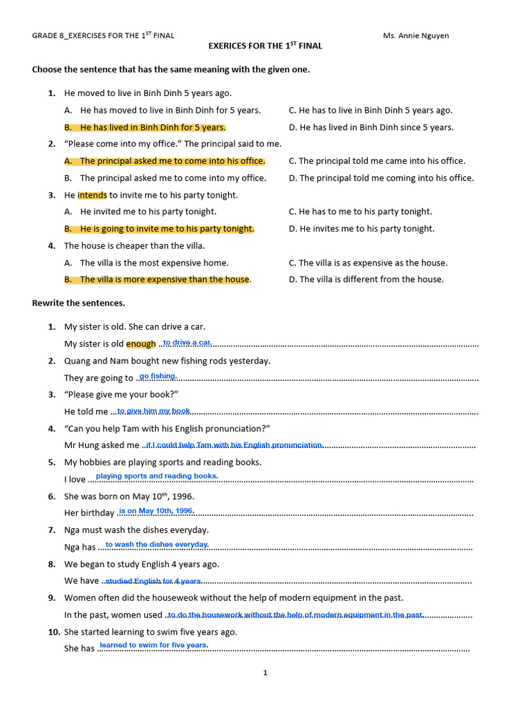 [Grade 8] BT ÔN THI CUỐI HK1 2021 | PDF | English Language