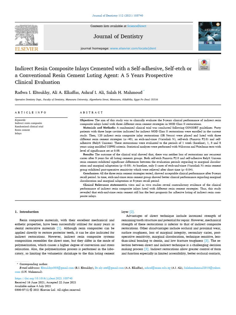 5-Year Evaluation of Resin Inlay Cements | PDF | Dental Composite ...