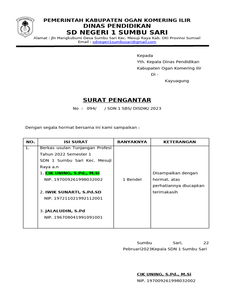 Surat Pengantar Usulan Tunjangan Profesi | PDF