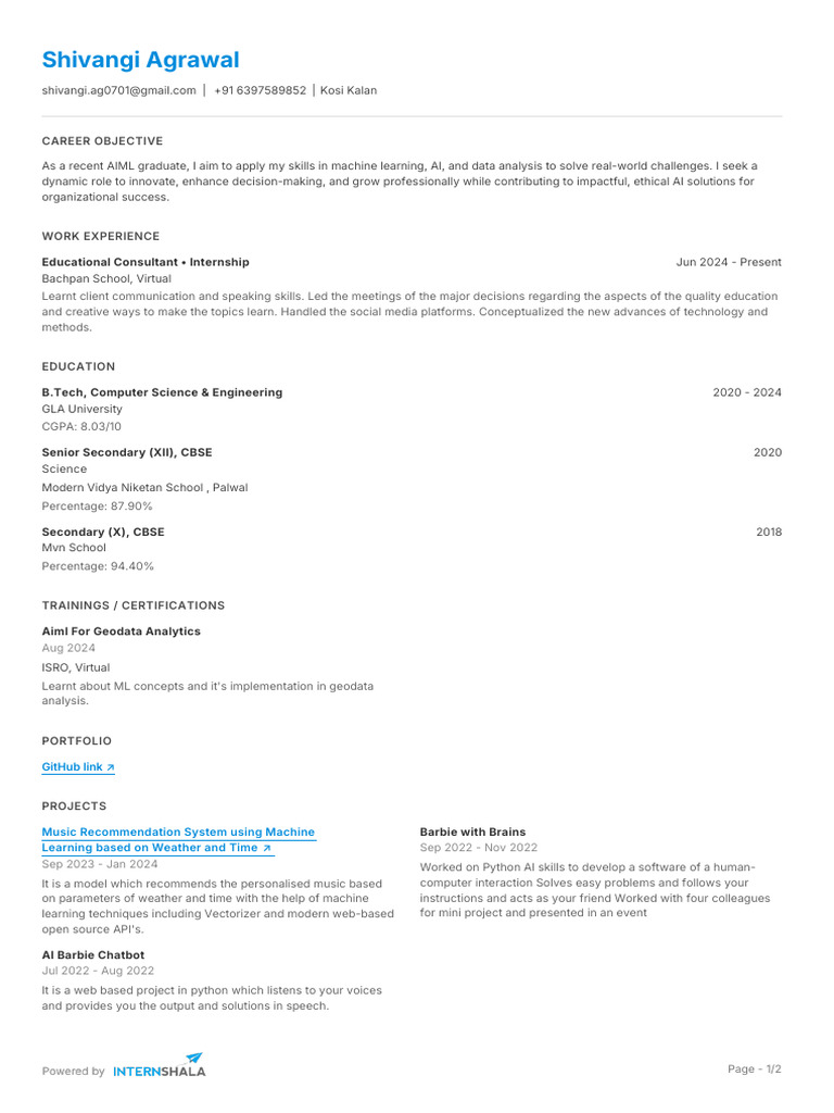 ShivangiAgrawal_InternshalaResume | PDF | Artificial Intelligence | Intelligence (AI) & Semantics