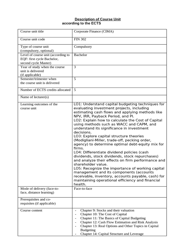 FIN 302-Syllabus Corporate Finance | PDF | Capital Budgeting | Business