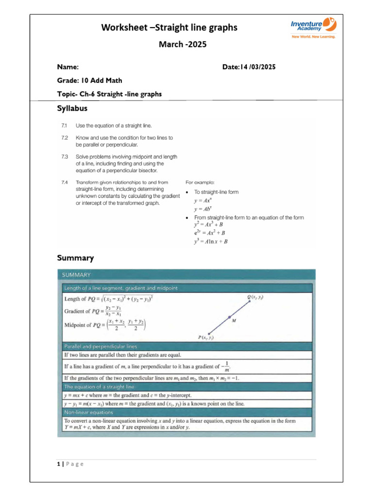 Grade 10 Straight Line Graphs Worksheet | PDF