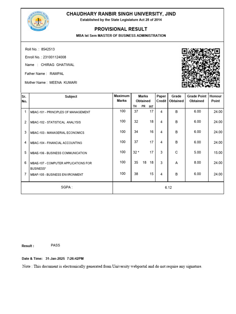Chirag 1st Sem PROVISIONAL MARKSHEET | PDF