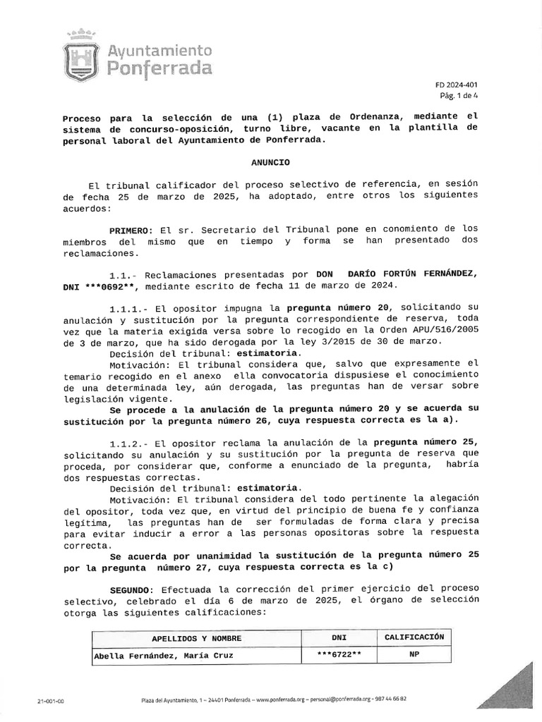 FD 2024-401 Calificaciones Del Primer Ejercicio | PDF