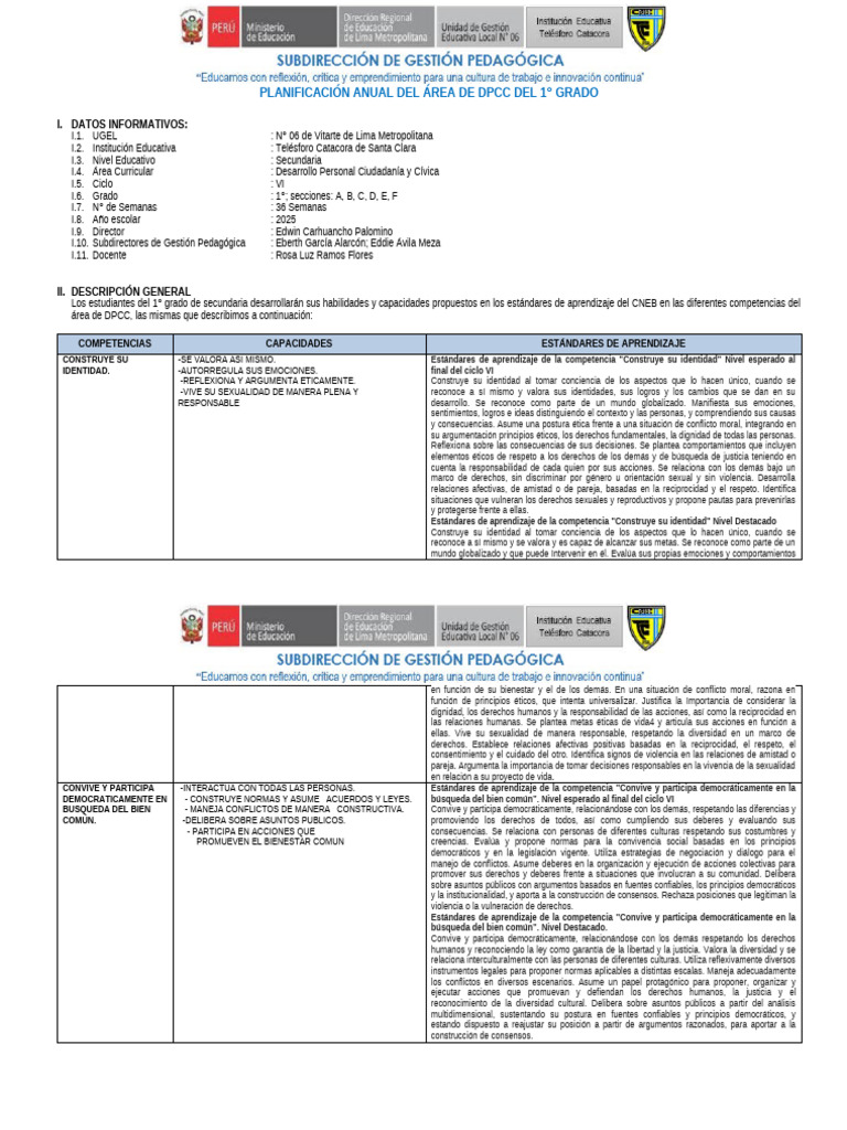 Plan Anual DPCC 1° Grado Secundaria | PDF | Evaluación | Derechos humanos