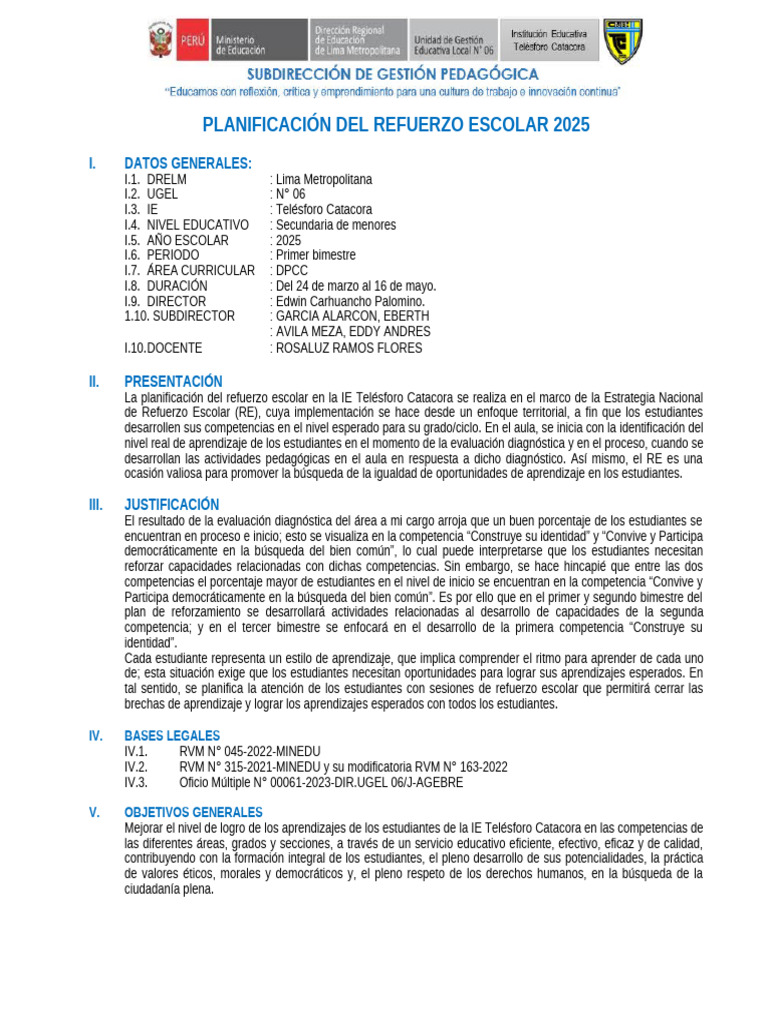 Planificacion de Refuerzo Escolar | PDF | Aprendizaje | Modificación de comportamiento