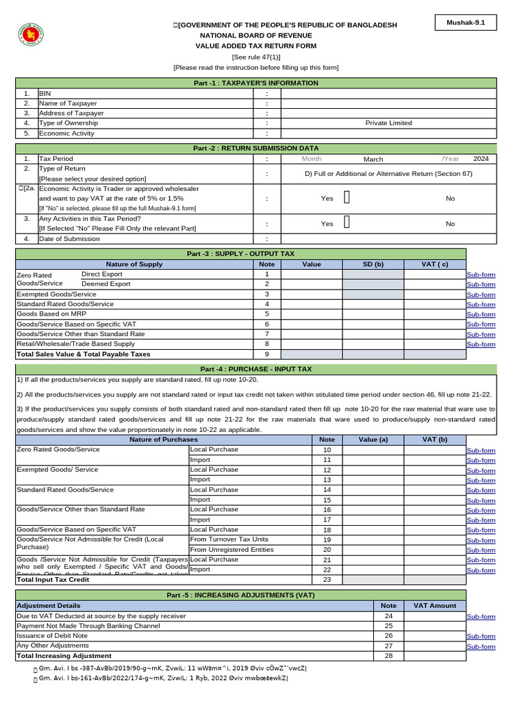 Mushak 9.1 Value Added Tax Return Form | PDF | Value Added Tax | Taxes