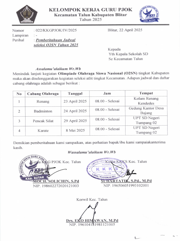 Surat Pemberitahuan Jadwal Seleksi O2SN 2025 | PDF