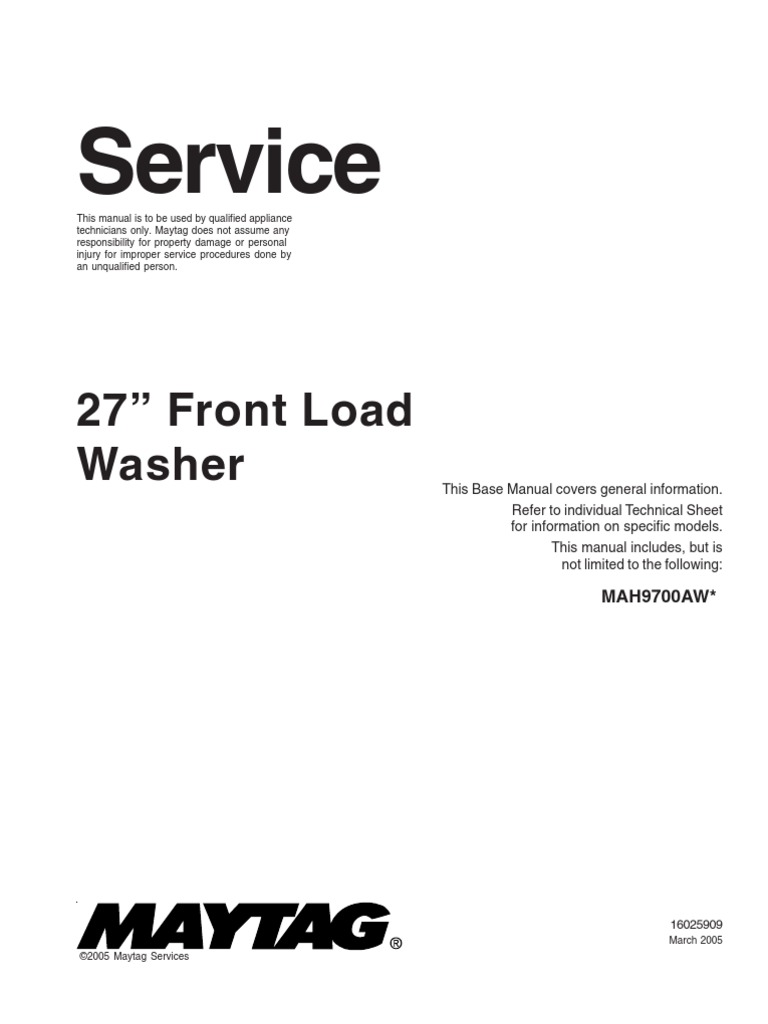 Maytag 27" Front Load Washer Service Repair Manual | PDF | Washing ...