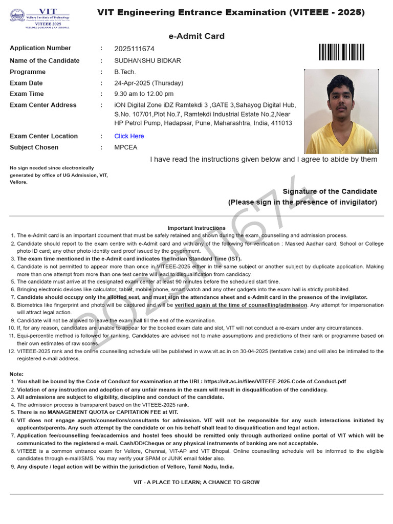 VITEEE 2025 e-Admit Card Details | PDF