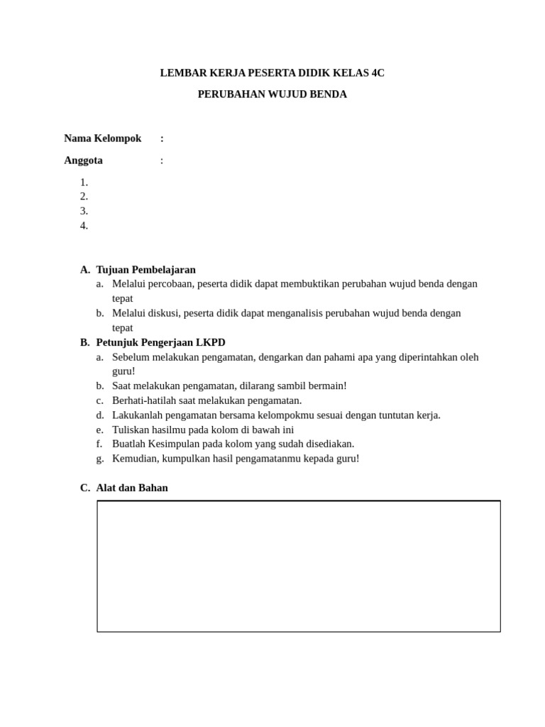 Lembar Kerja Ipas Perubahan Wujud Benda Peserta Didik Kelas 4c | PDF