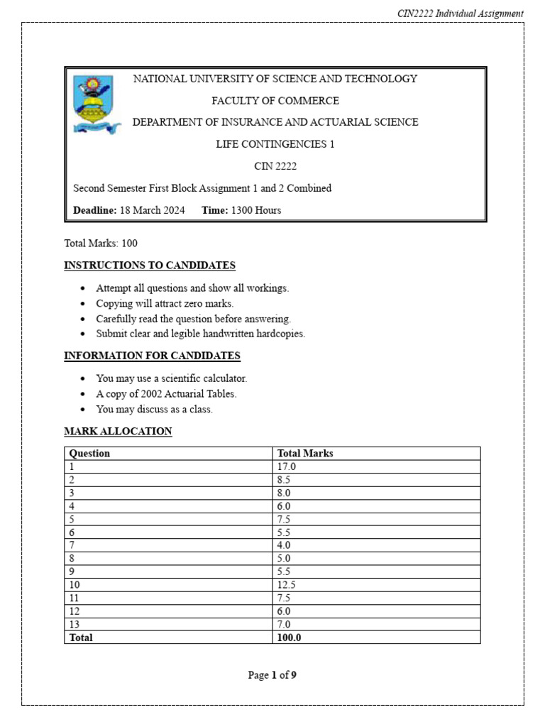 CIN2222 Life Contingencies 1 Combined Assignment | PDF | Insurance ...