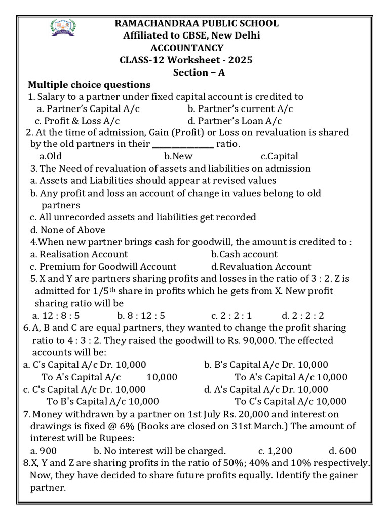 Class-12 Accountancy Holiday Worksheet 2025-26 | PDF | Goodwill ...