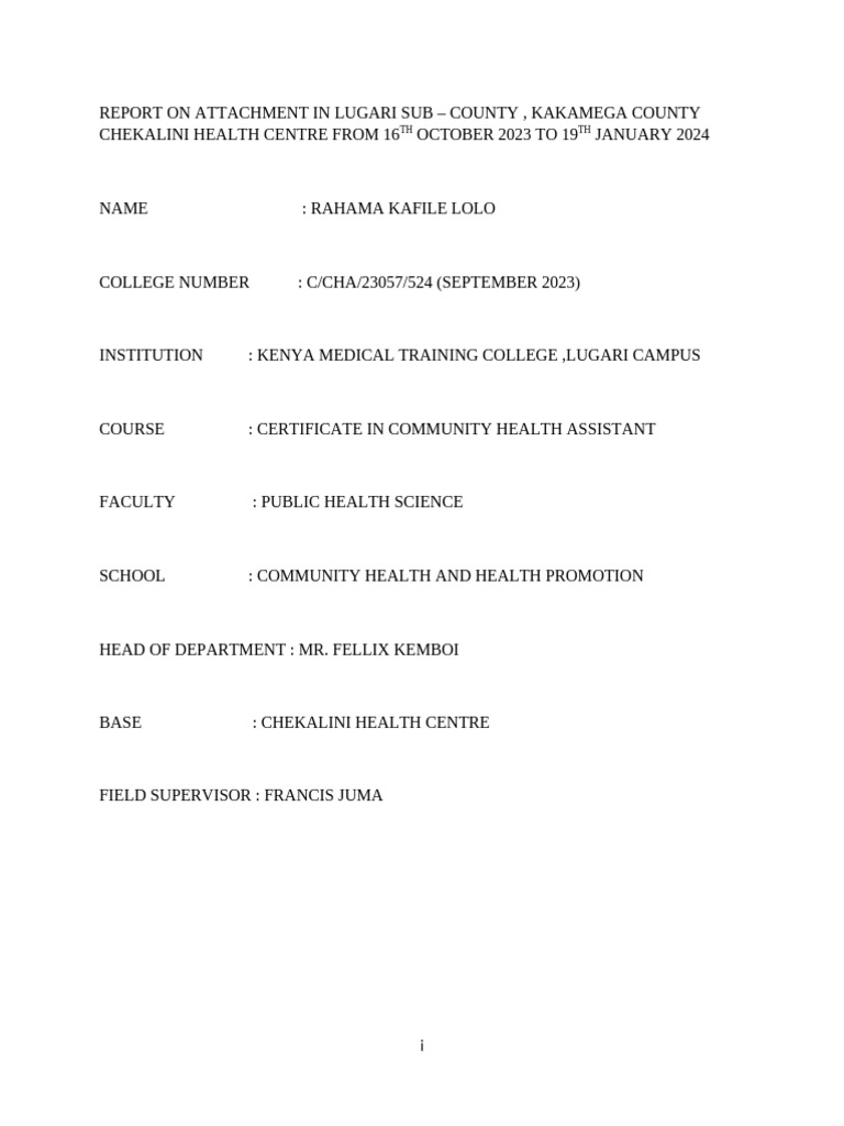 REPOrt On Attachment in Lugari Sub | PDF | Mental Disorder | Tuberculosis