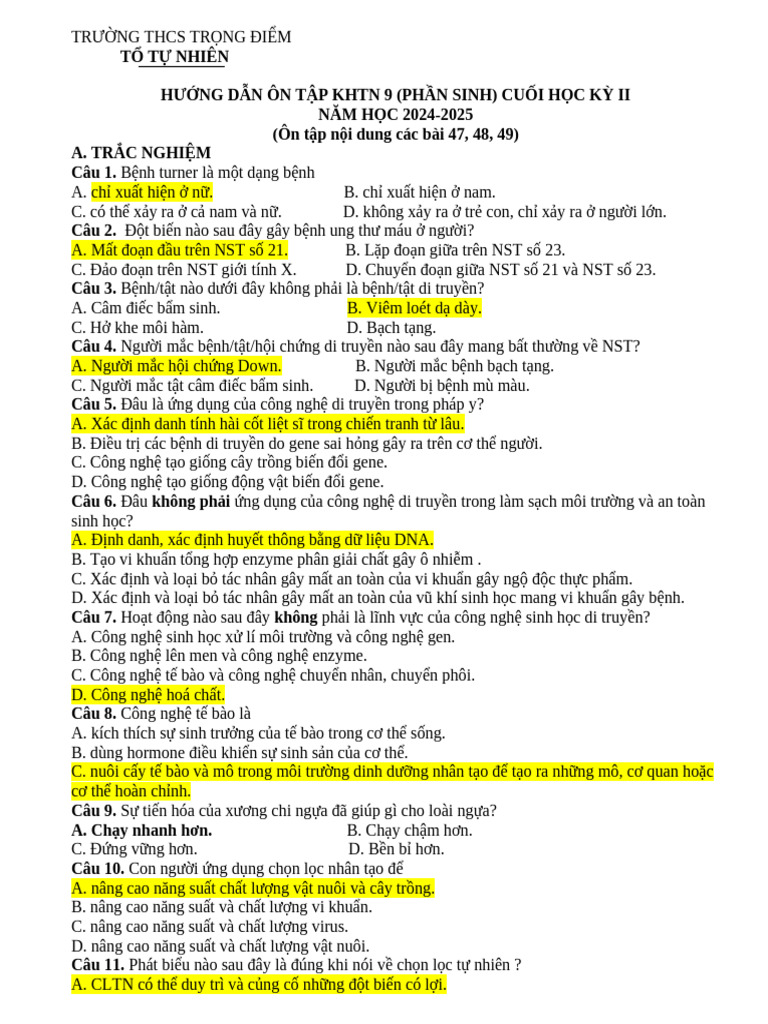 HƯỚNG DẪN ÔN TẬP KHTN 9 SINH CK II 24 25 2 | PDF