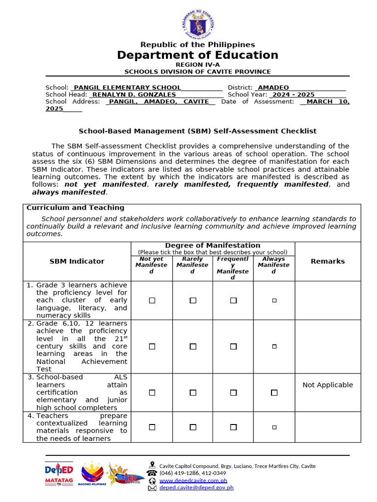 SBM Checklist - New 2024 - PangilES-Amadeo | PDF | Schools | Learning