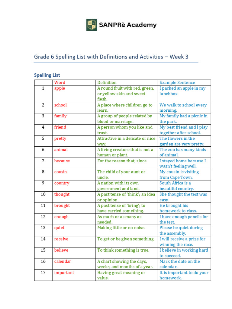 Grade 6 Spelling Activities & Key | PDF | Thought | Feeling