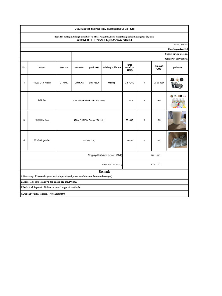 40CM DTF Printer Quotation Sheet | PDF | Publishing | Printing