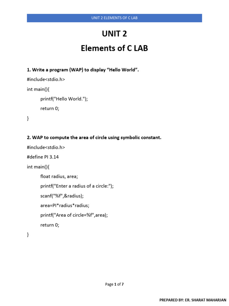 UNIT 2 LAB Solutions Elements of C | PDF | Area | Fahrenheit