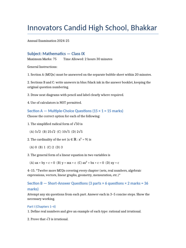 Mathematics Class9 Exam Sample Paper | PDF | Circle | Area