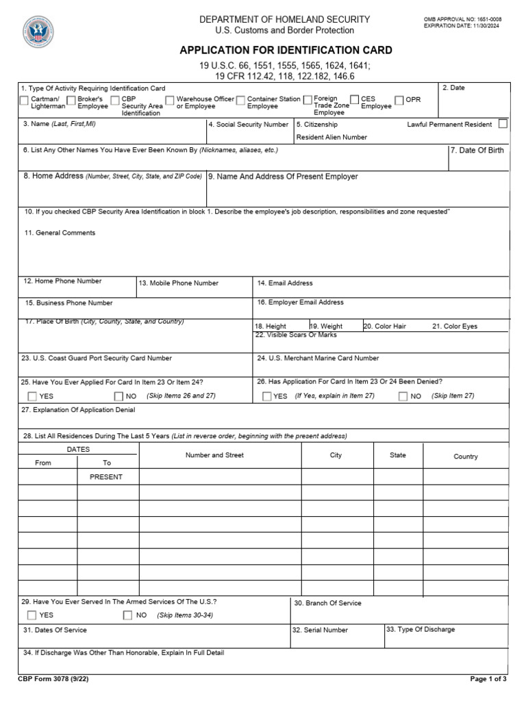 CBP Identification Card Application Form | PDF | U.S. Customs And ...