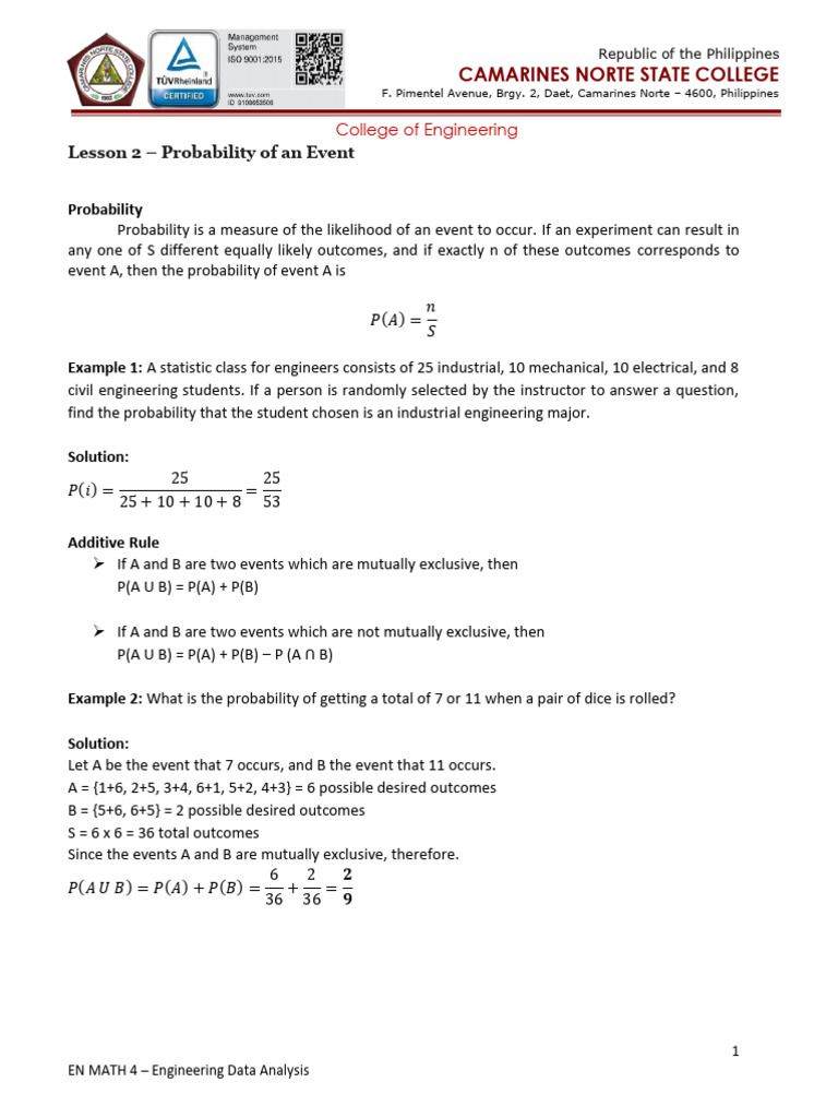 Lesson 2.3 (Probability of an Event) | PDF | Probability | Statistics