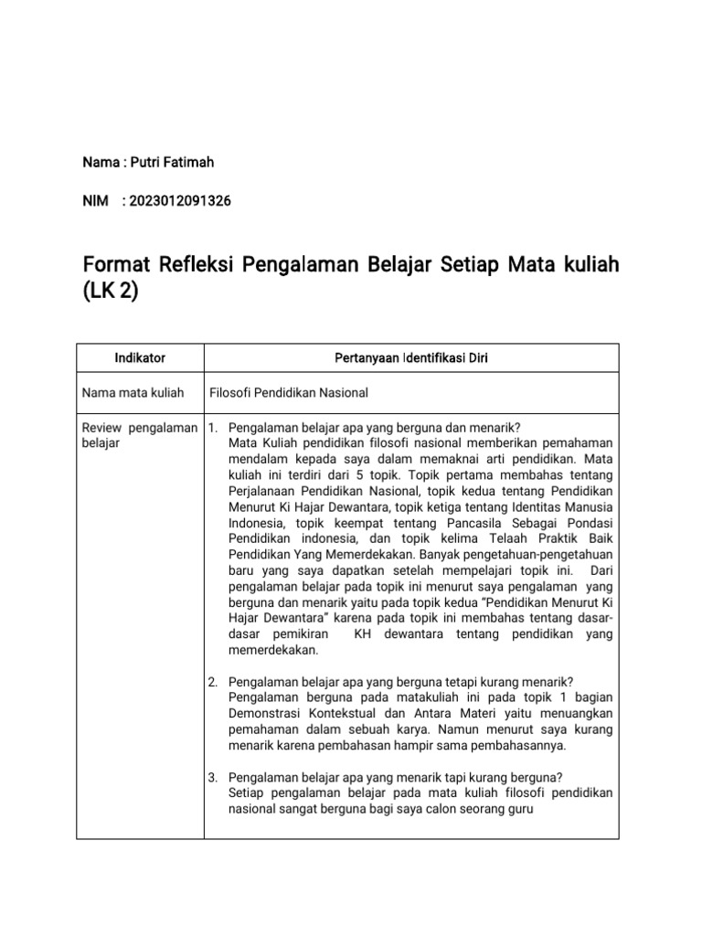 Jurnal Refleksi Filosofi Pendidikan - Putri Fatimah - Seminar PPG | PDF