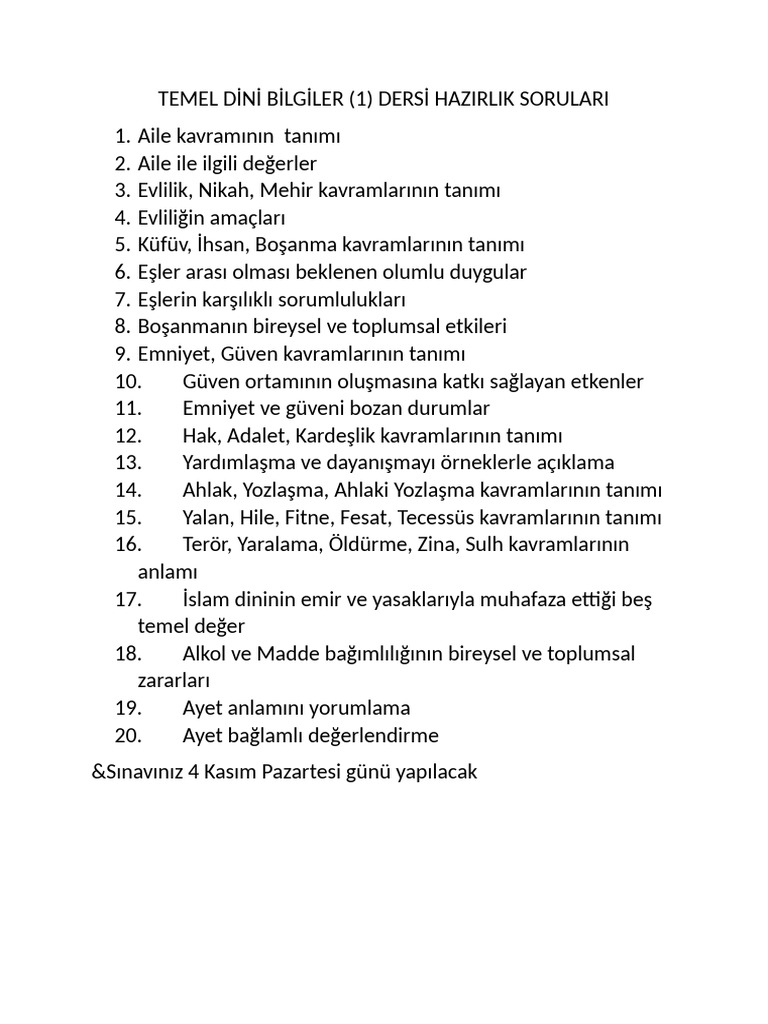 TEMEL DİNİ BİLGİLER.1hazırlıksorularıdocx | PDF