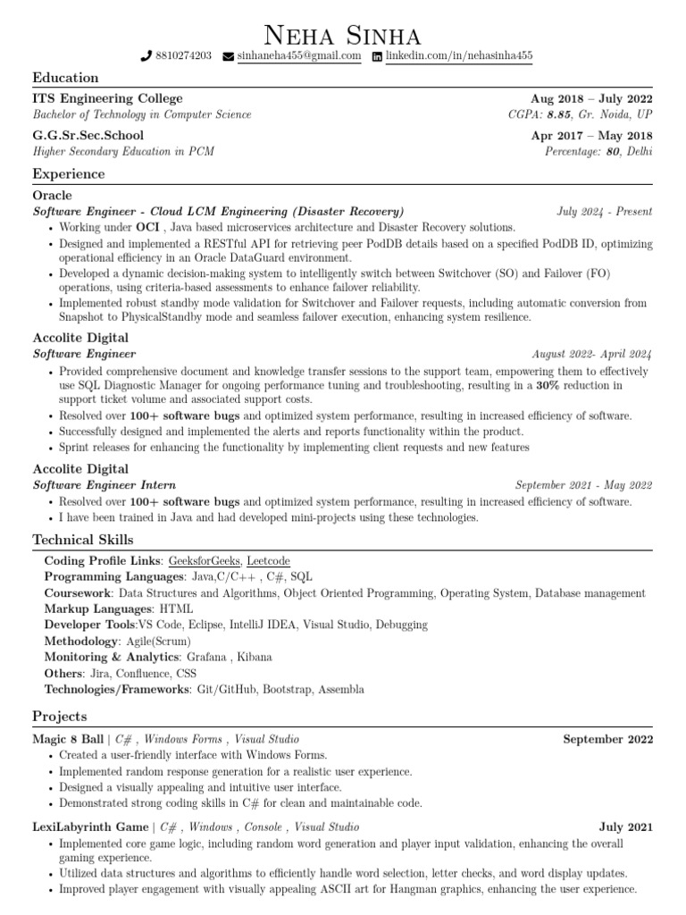 Neha Sinha: Software Engineer Profile | PDF | Computer Programming | C ...