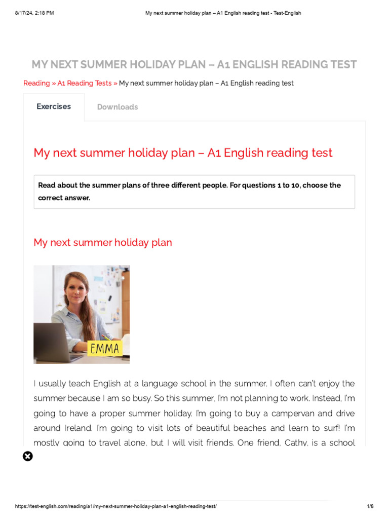 My Next Summer Holiday Plan - A1 English Reading Test - Test-English | PDF