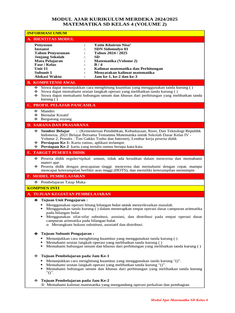 Modul Ajar MTK 1 | PDF