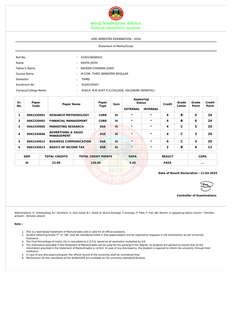 Ku20129307 M.COM. YearSession 2024-2025-ODD SEM 2024-ODDDEC2024 REGULAR Term 3 Grade Card | PDF