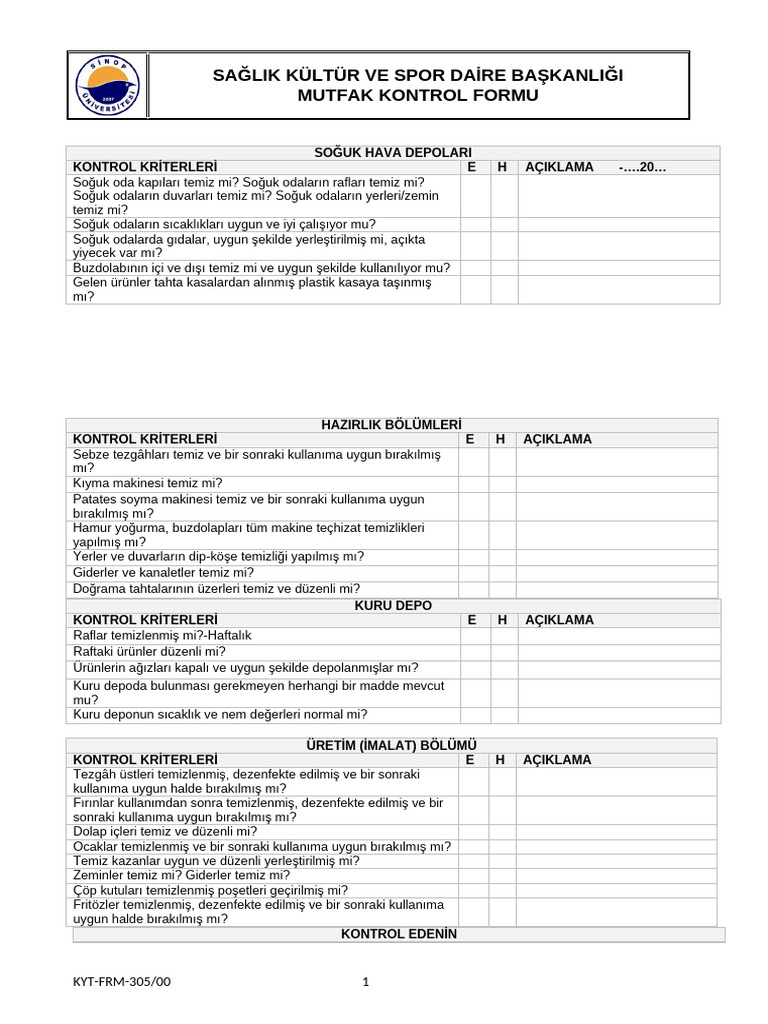 Snu FRM 305 Mutfak Kontrol Formu | PDF
