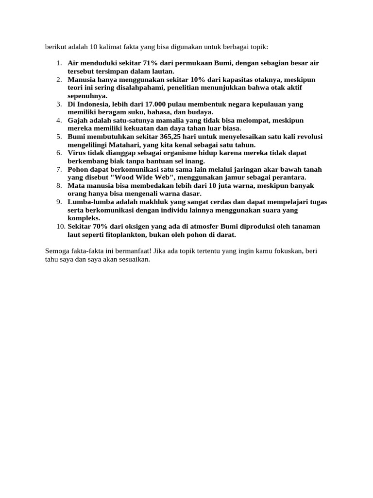 berikut adalah 10 kalimat fakta yang bisa digunakan untuk berbagai topik | PDF