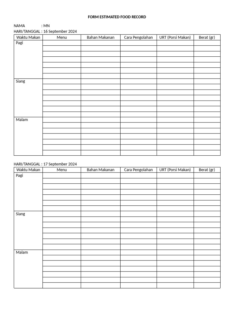 Form Estimated Food Record | PDF