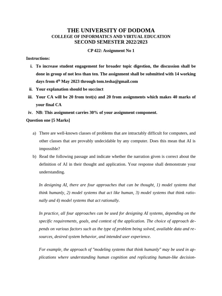 CP 422 Assignment 01 | PDF | Artificial Intelligence | Intelligence (AI) & Semantics