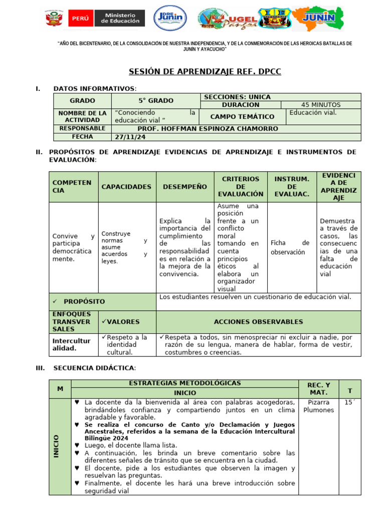 Sesion de Aprendizaje DPCC 5° | PDF | Seguridad vial