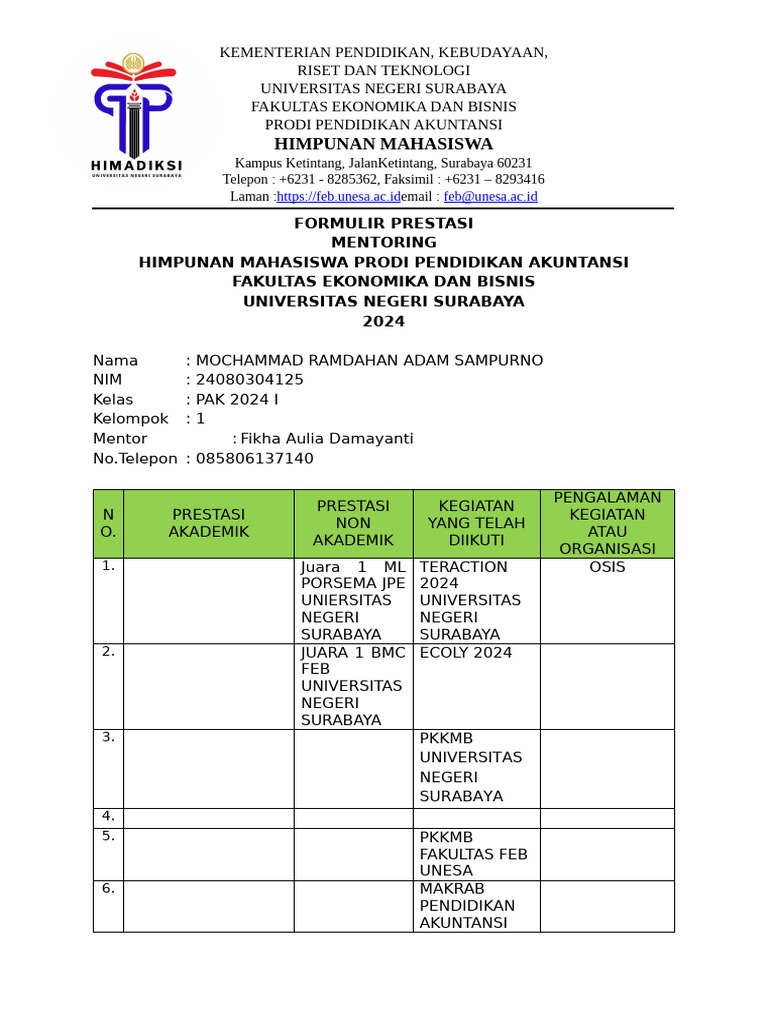 Formulir Prestasi Mentoring 2024 | PDF