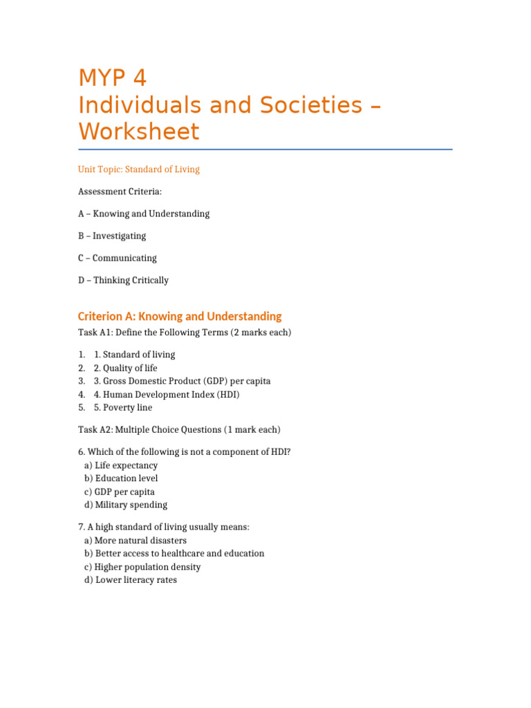 MYP4 Standard of Living Worksheet | PDF