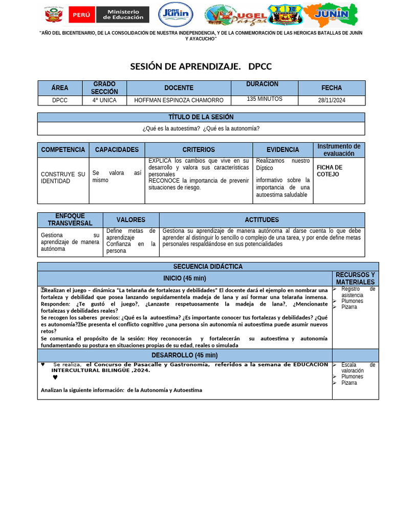 Sesion-De-Aprendizaje DPCC 4° | PDF | Aprendizaje | Cognición