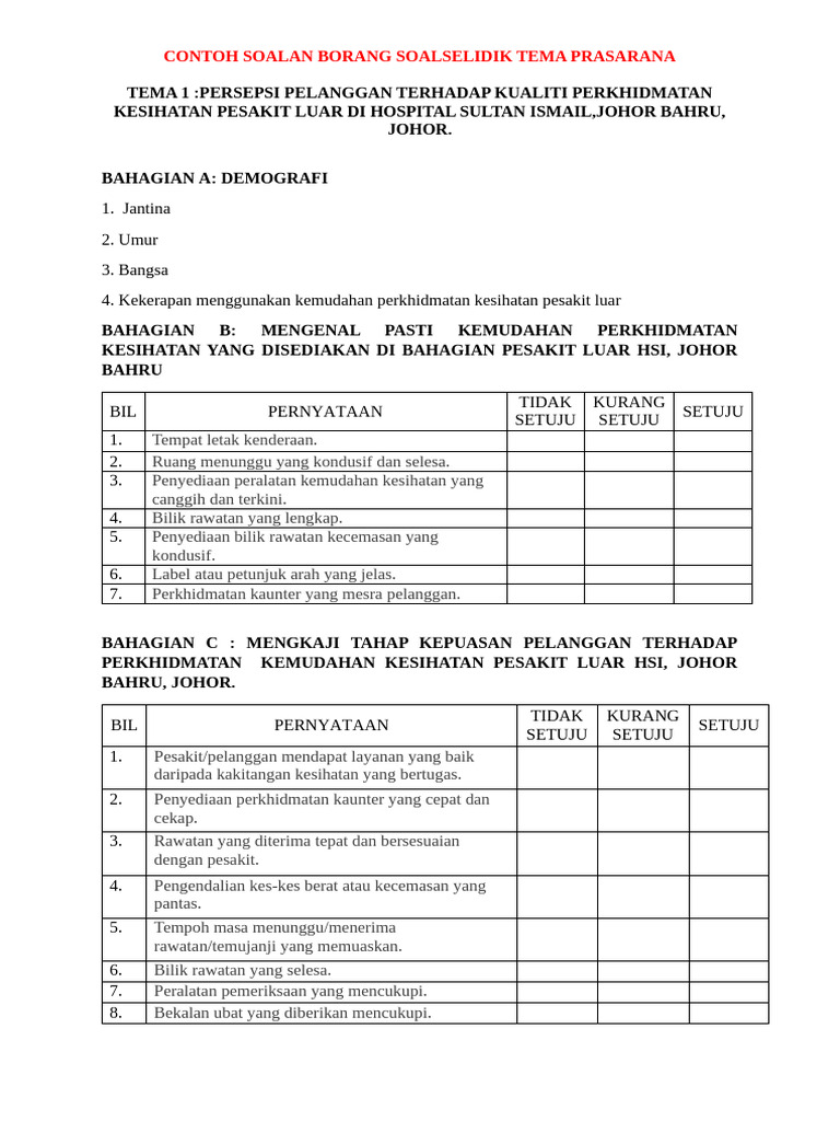 CTH 1 - BORANG SOAL SELIDIK TEMA 1 & TEMA 2 | PDF