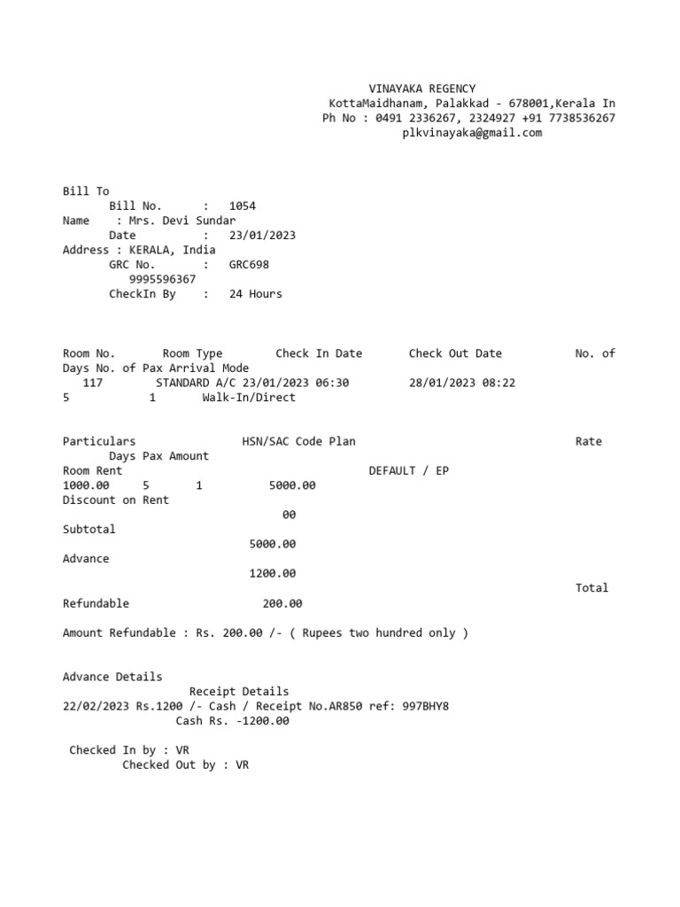 Vinayaka Regency Invoice for Stay | PDF