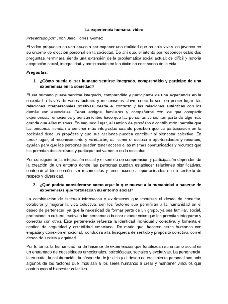 Video - Jhon Jairo Torres Gomez | PDF | Experiencia | Sociedad